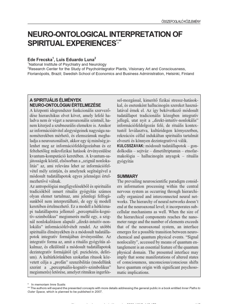 Neuro-Ontological Interpretation of Spiritual Experiences | PDF