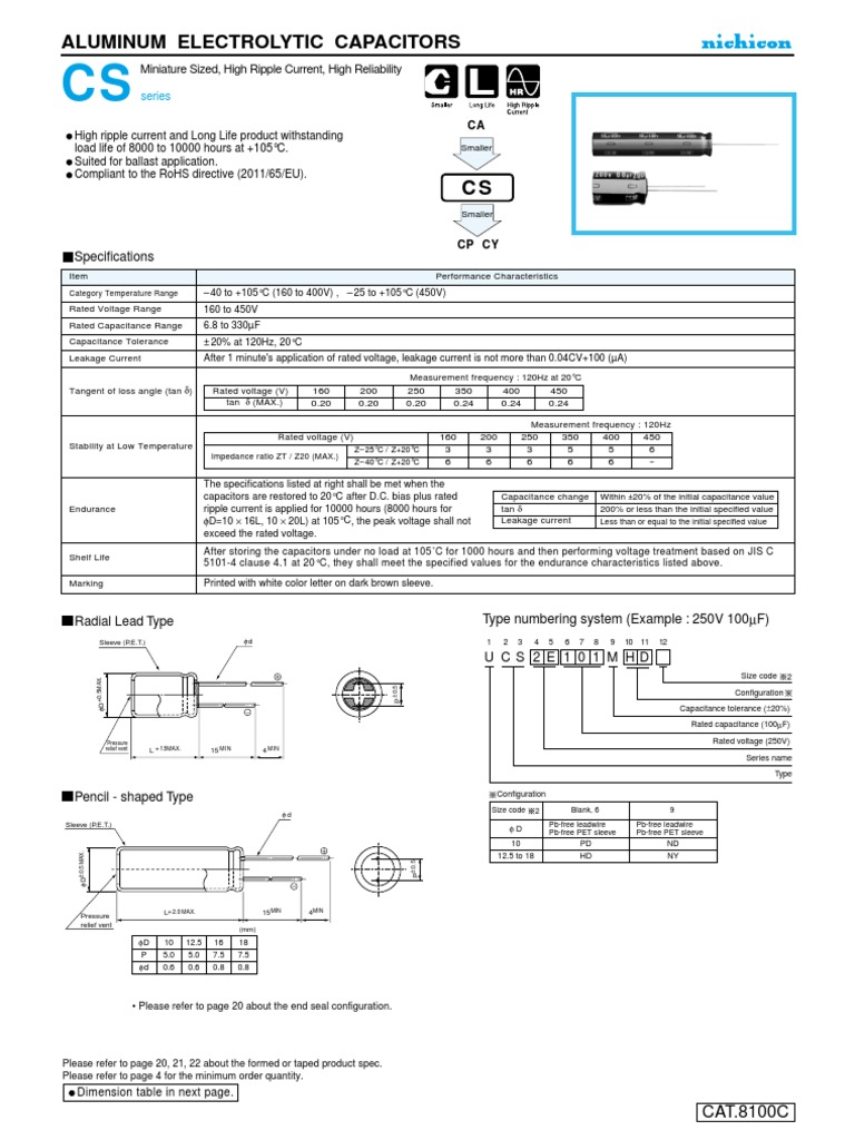 Nichicon CS Pencil Capacitors | PDF | Energy Storage | Capacitor