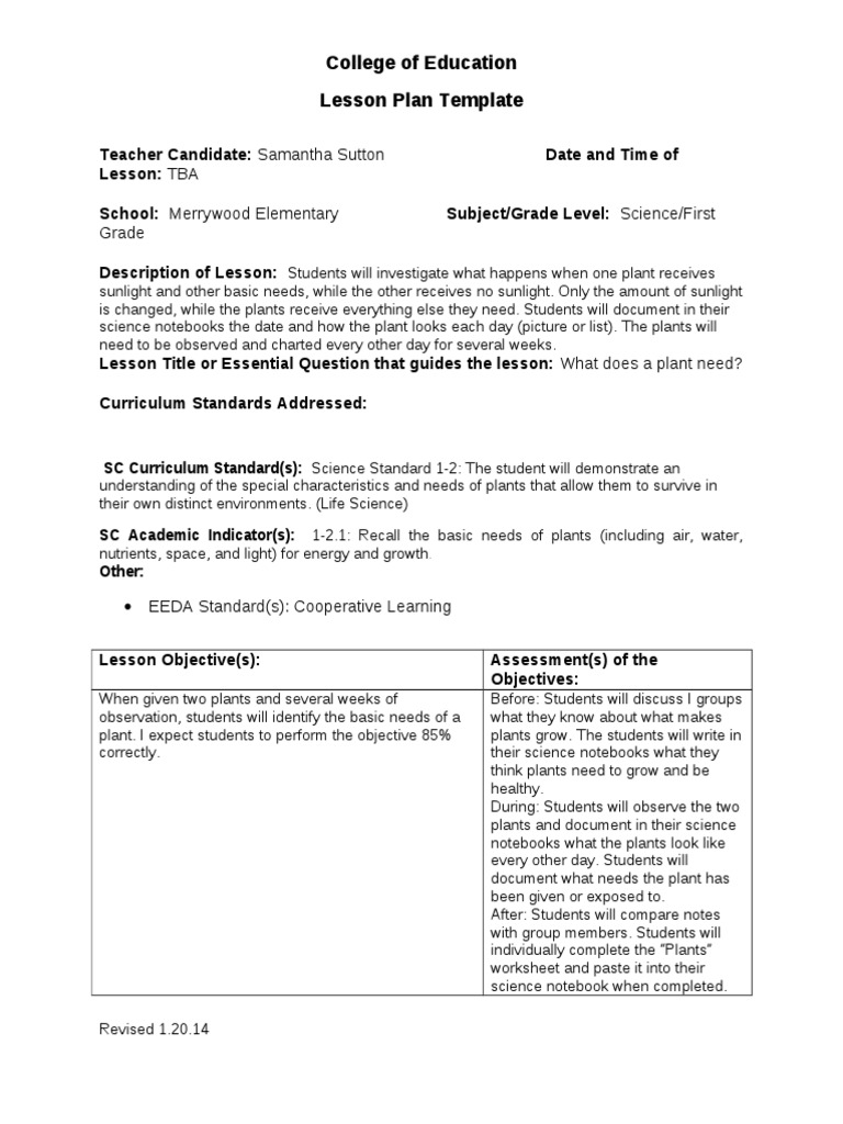 Lesson Plan 1-Plant Needs | PDF | Curriculum | Lesson Plan