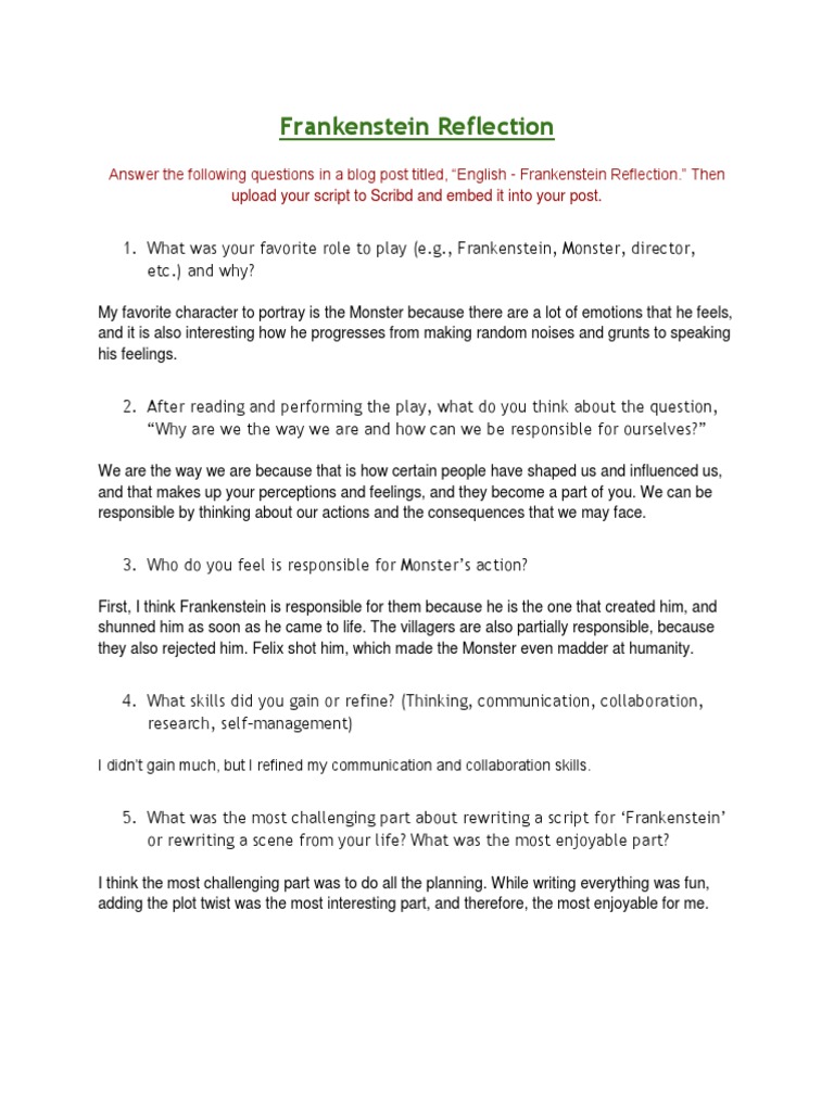 Frankenstein Reflection: Character Insights | PDF