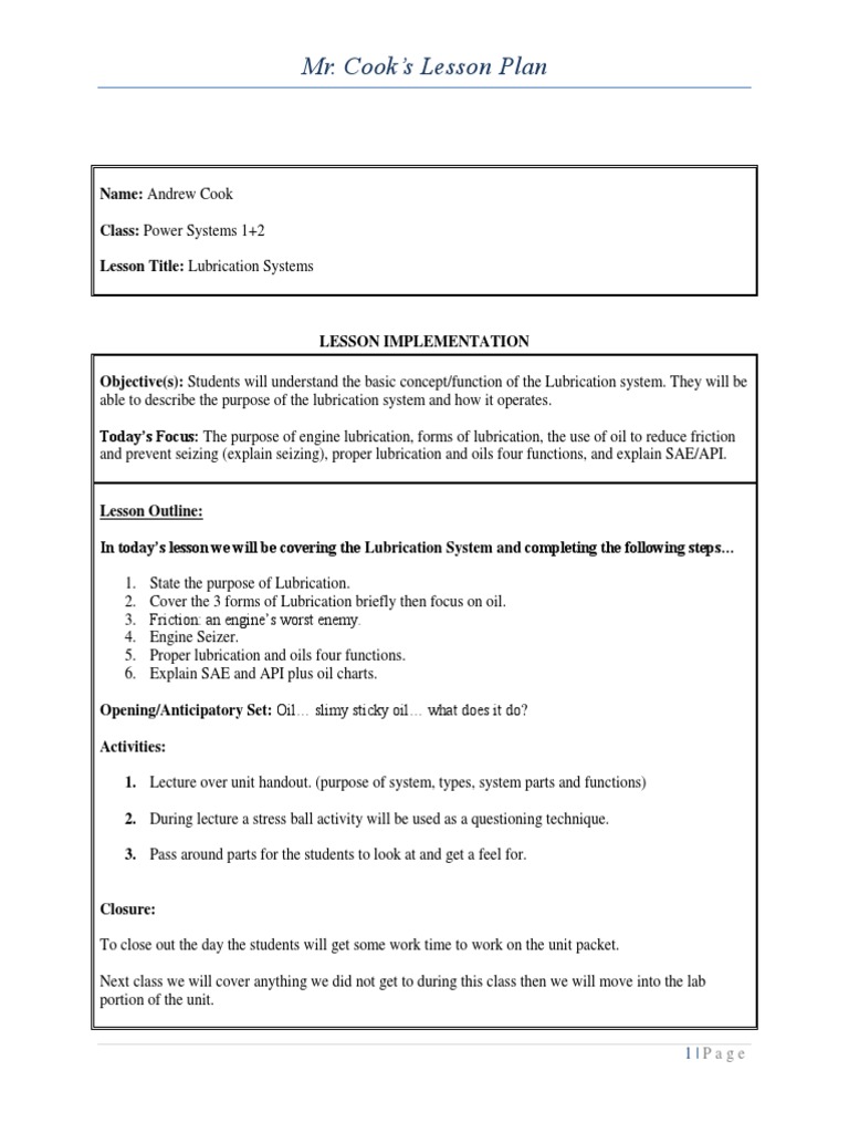 Lubrication Systems Lesson Plan | PDF | Motor Oil | Cylinder (Engine)