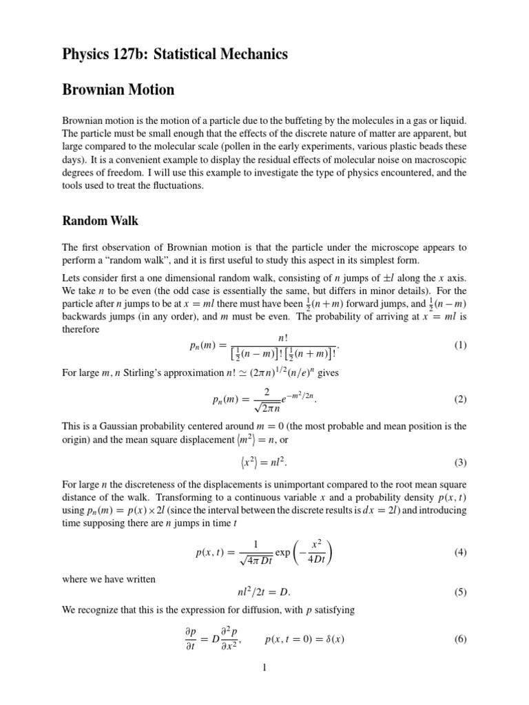 Physics 127b: Statistical Mechanics Brownian Motion: Random Walk | PDF | Normal Distribution ...
