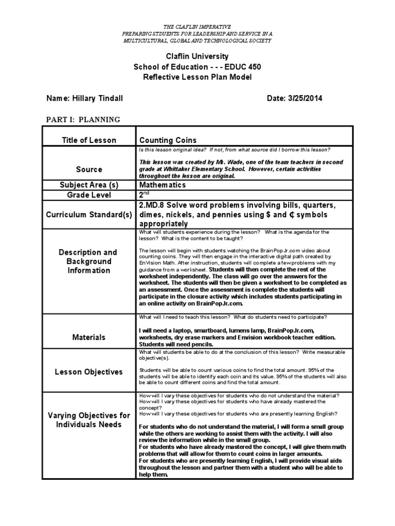 Reflective Lesson Plan #6 | PDF | Currency | Cognition