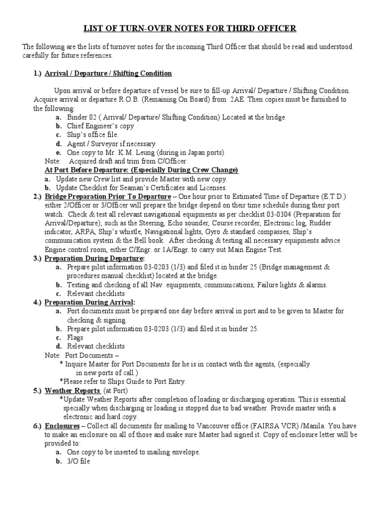 Turn Over Notes For Third Officer | PDF | Watercraft | Ships