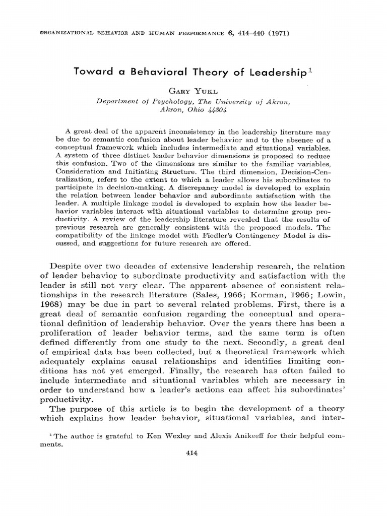 Toward A Behavioral Theory of Leadership | PDF | Leadership | Motivation