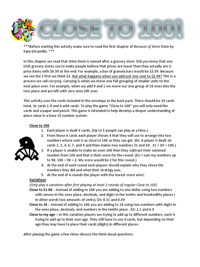 Fun Math Game: Close to 100 Activity | PDF | Teaching Mathematics | Science