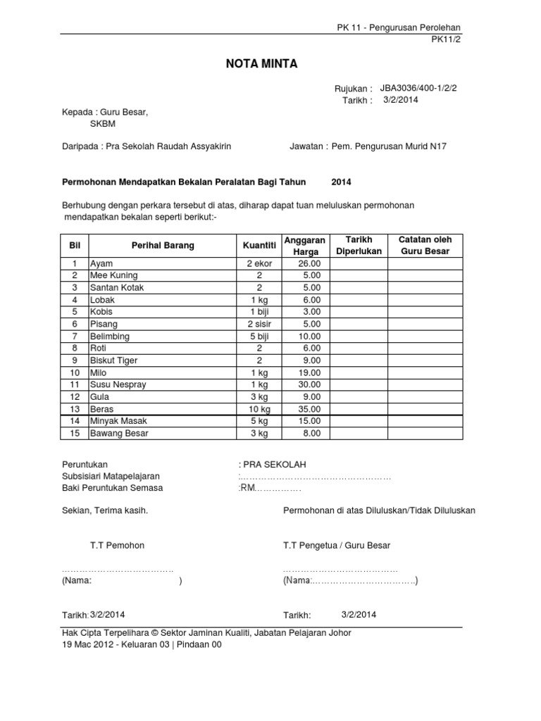 Contoh Nota Minta Prasekolah | PDF