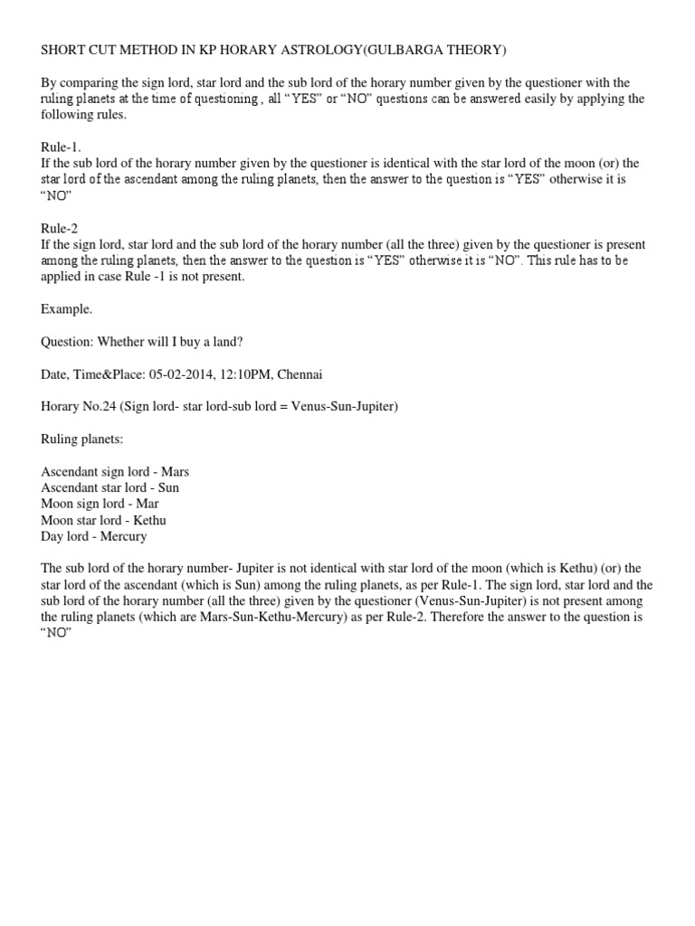 Short Cut Method in KP Horary Astrology | PDF | Planets | Outer Space