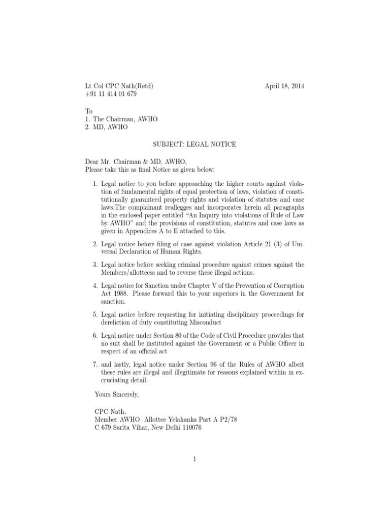 Legal Notice 2 AWHO | Supreme Court Of India | Crimes