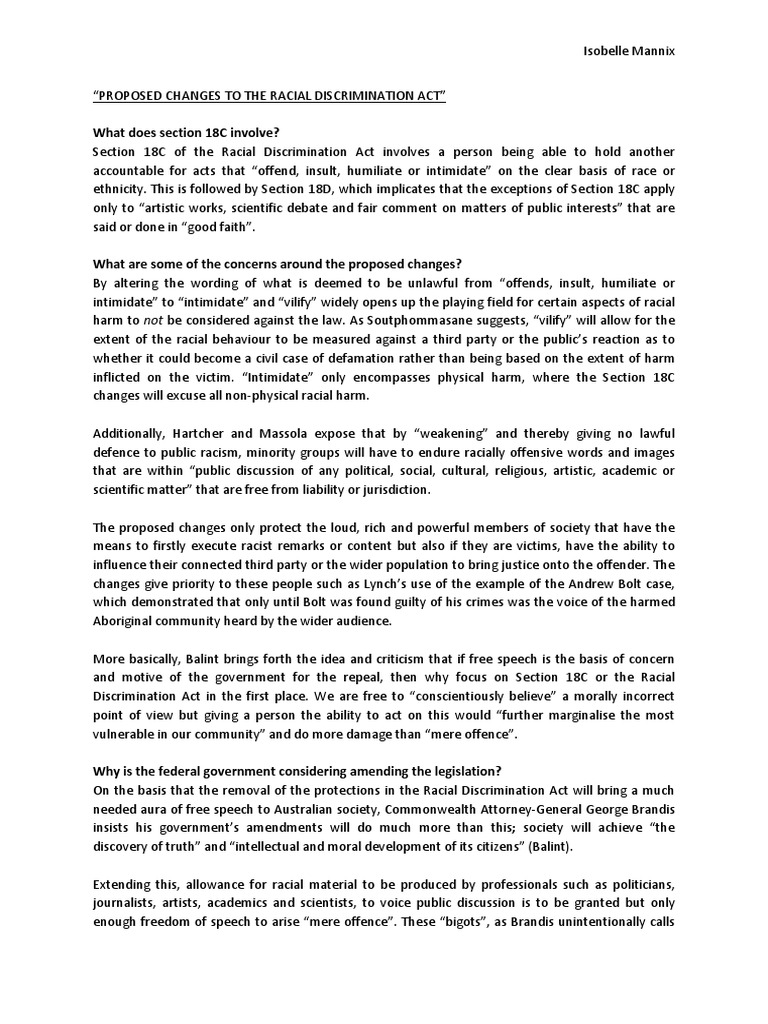 Proposed Changes To The Racial Discrimination Act | PDF | Racism ...