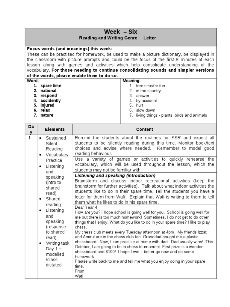 Year 4 Unit 2 Week 6 2014 SOW | PDF | Vocabulary | Reading (Process)