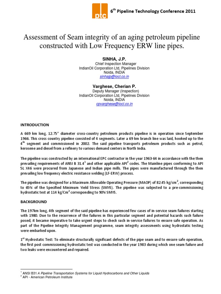 Assessment of Seam Integrity Through Hydrostatic Testing of an Aging ...