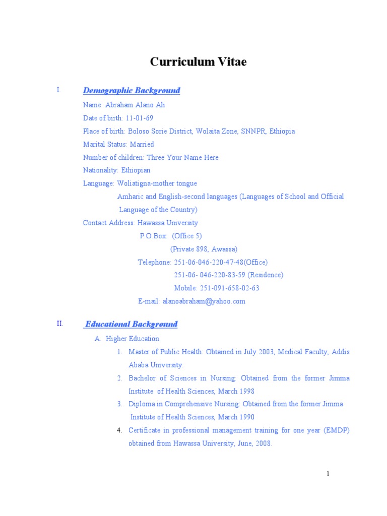Abraham Alano Curriculum Vitae 2010 | PDF | Ethiopia | Reproductive Health
