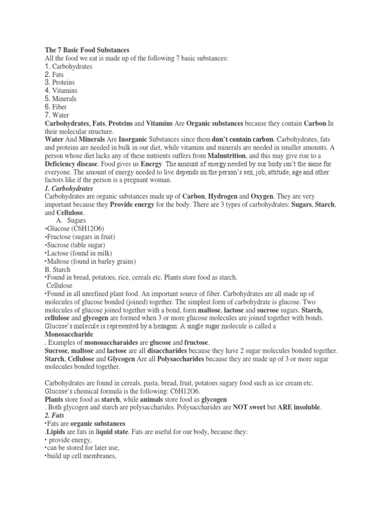 The 7 Basic Food Substances | PDF | Carbohydrates | Glucose