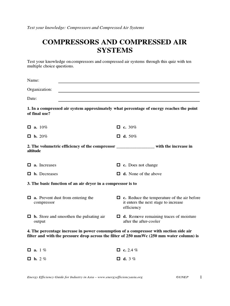 Quiz - Compressors and Compressed Air Systems | Download Free PDF | Gas ...