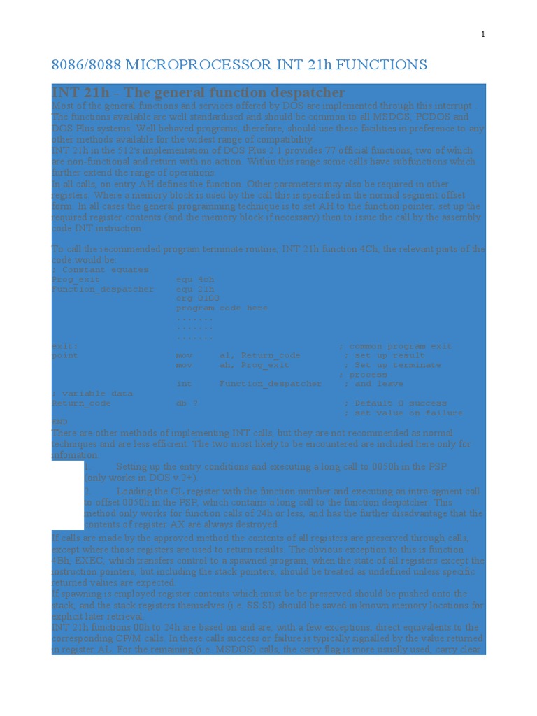 INT 21h - The General Function Despatcher | PDF | Computer Hardware | Computing