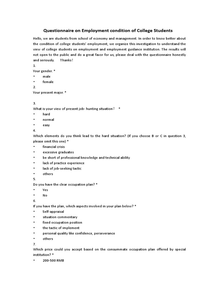 The Questionnaire On Employment Condition of College Students | PDF ...