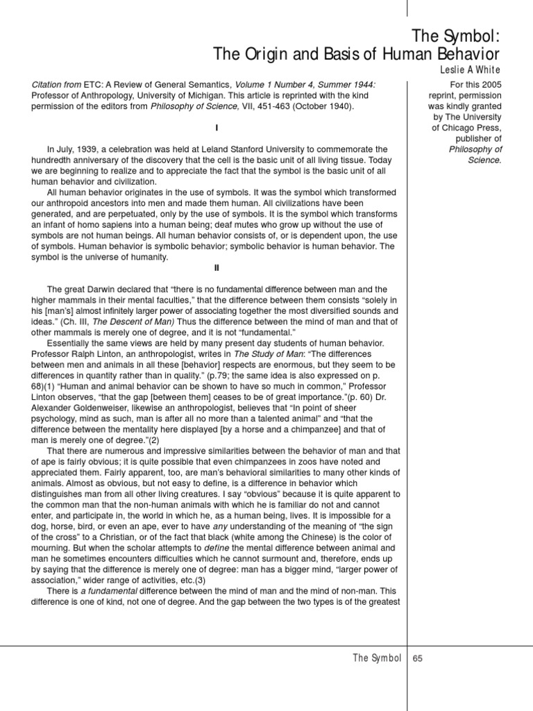 The Symbol - The Origin and Basis of Human Behavior - Leslie A. White ...