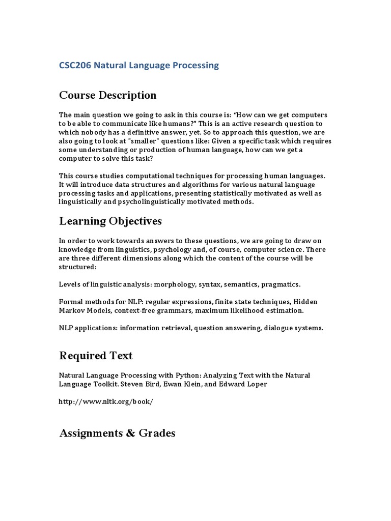 Course Description: CSC206 Natural Language Processing | PDF ...