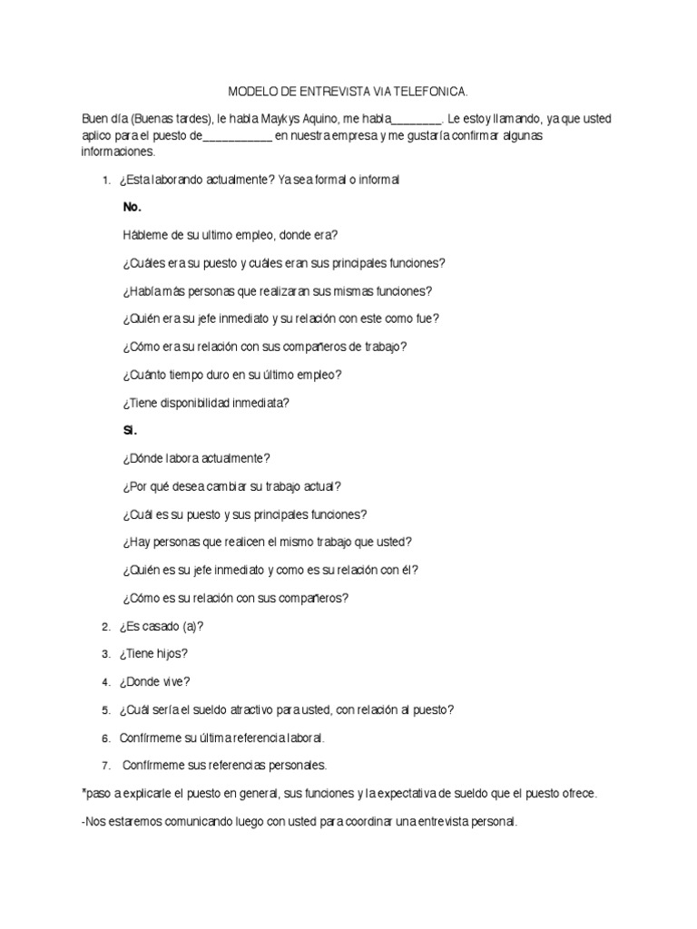 Modelo de Entrevista Via Telefonica | PDF