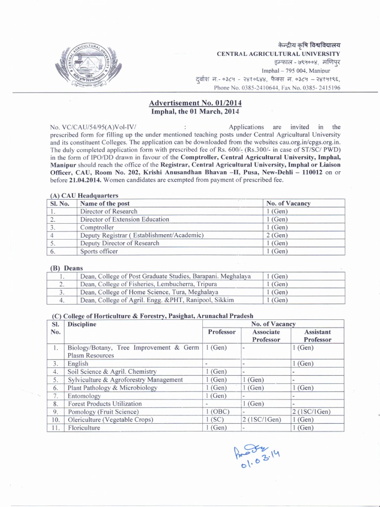CAU FacultyApplications are invited on the prescribed application form ...