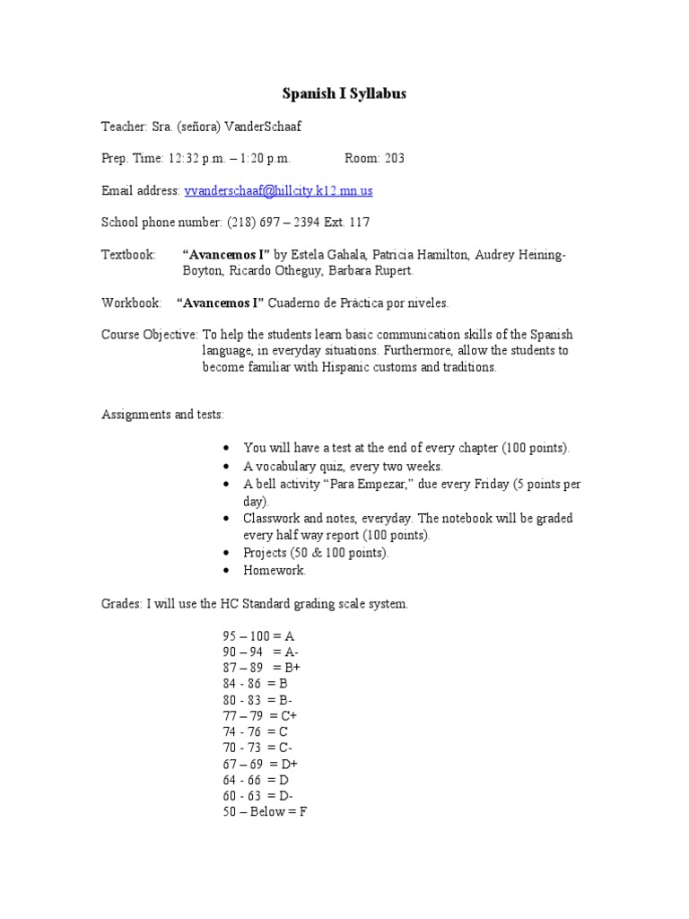 Spanish I Syllabus Overview | PDF