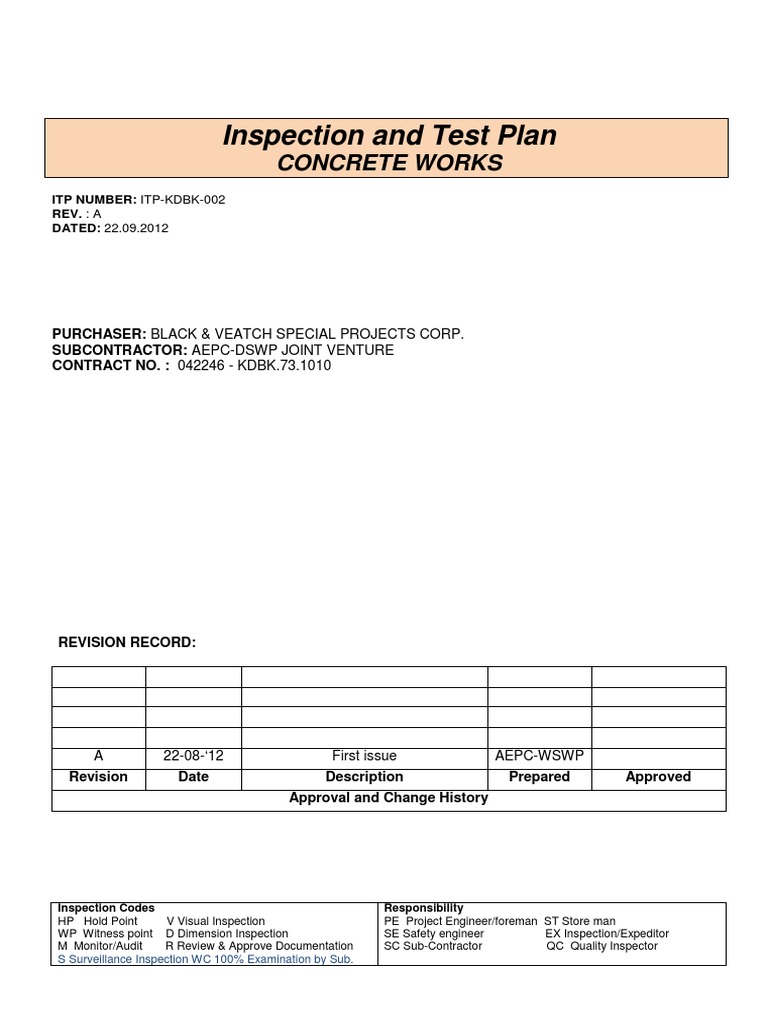 Inspection and Test Plan (KDBK) | PDF | Concrete | Economic Sectors