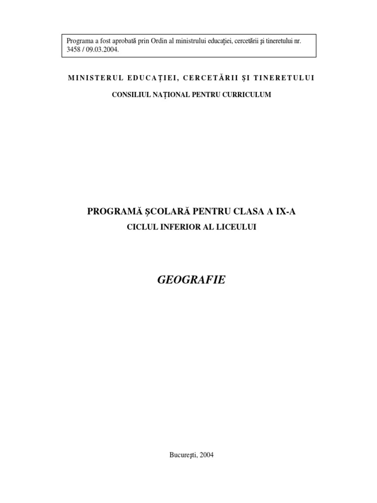 Programa Scolara Pentru Geografie Clasa A IX-A | PDF