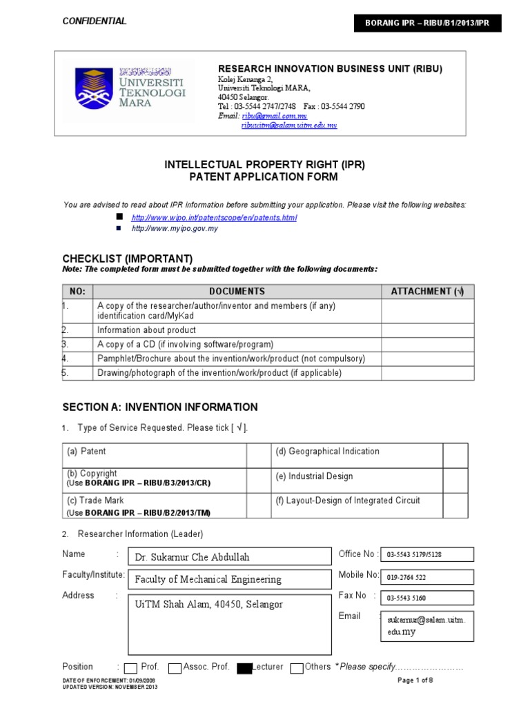 Intellectual Property Right (Ipr) Patent Application Form: Research ...