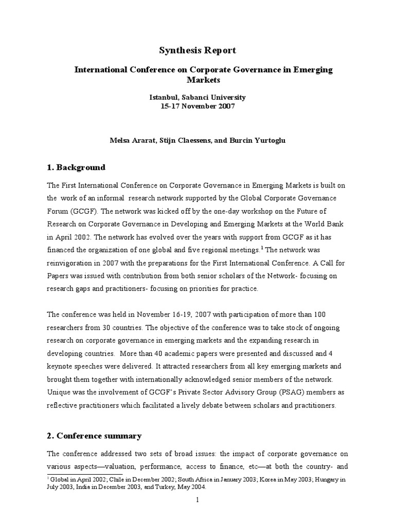 Synthesis Report: International Conference On Corporate Governance in ...
