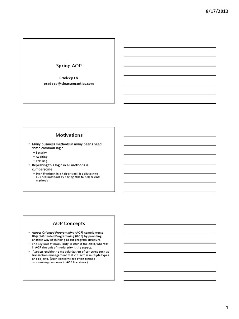 Spring AOP Handout | PDF | Spring Framework | Object Oriented Programming Spring AOP Handout | PDF | Spring Framework | Object Oriented Programming