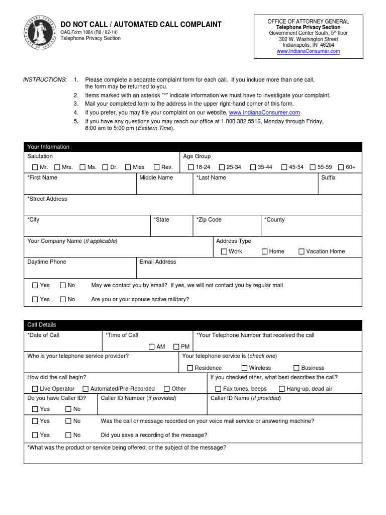 Form 1084 - Do Not Call-Automated Call Complaint - PDF Fillable | PDF ...