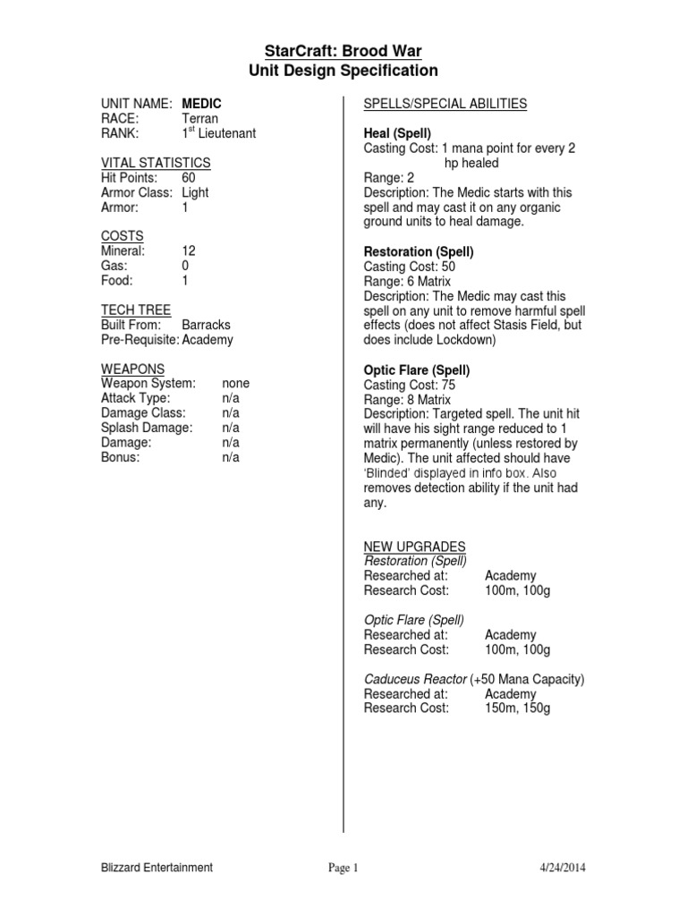 Starcraft: Brood War Unit Design Specification: Heal (Spell) | PDF ...