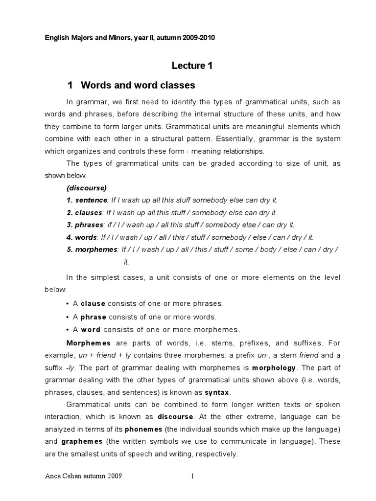 1 Words and Word Classes: English Majors and Minors, Year II, Autumn ...
