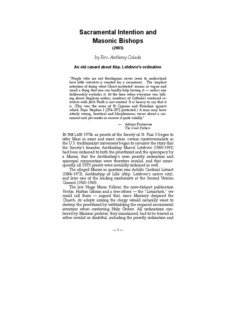 Sacramental Intention and Masonic Bishops: by Rev. Anthony Cekada | PDF ...