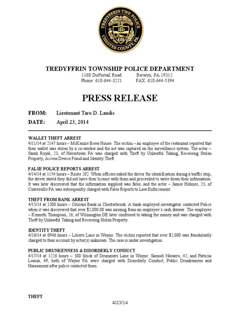 Tredyffrin Police Reports | PDF | Violence