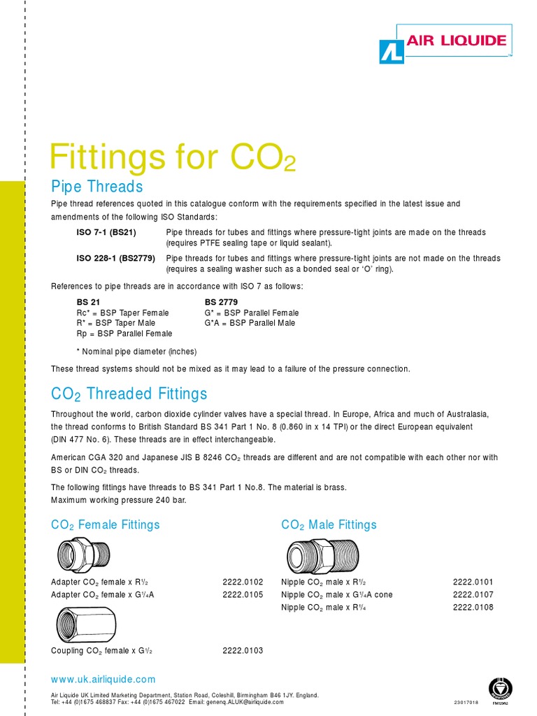 Fittings For CO2 Pipe Threads, German DIN, and British Standard Treads | PDF | Pipe (Fluid ...
