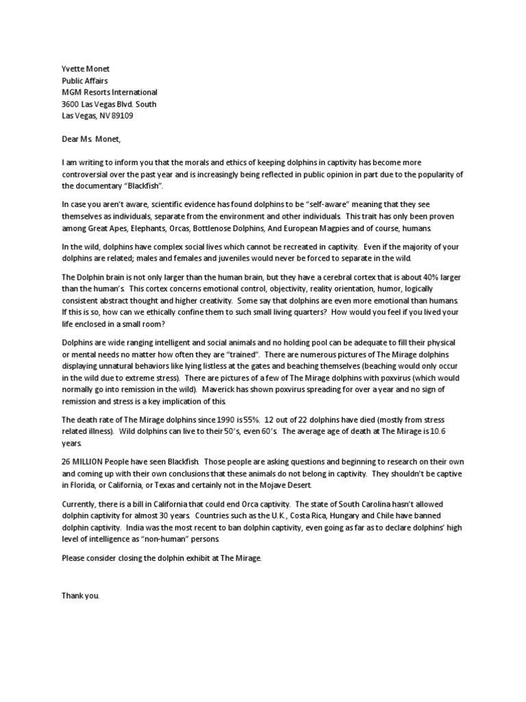 Letter To Yvette Monet MGM | PDF | Dolphin | Brain