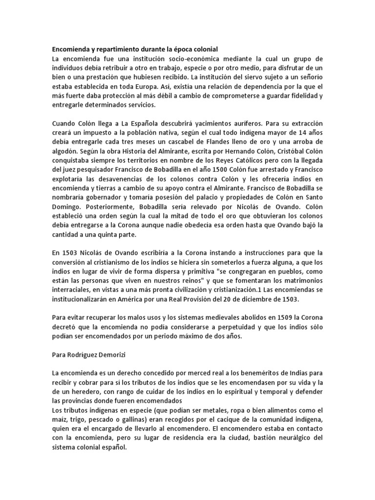 Encomienda y Repartimiento Colonial | PDF | Antiguas colonias españolas ...