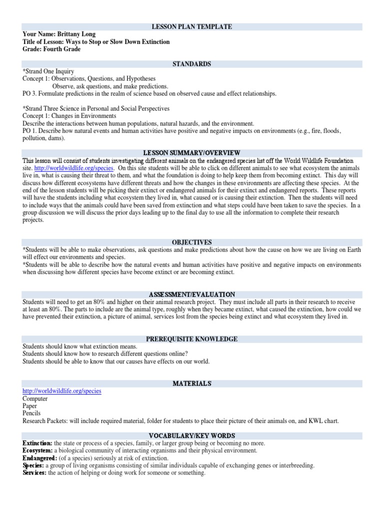 Preventing Species Extinction Lesson Plan | PDF | Extinction ...