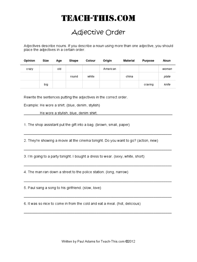 Adjective Order Guide and Exercises | PDF | Home & Garden | Art