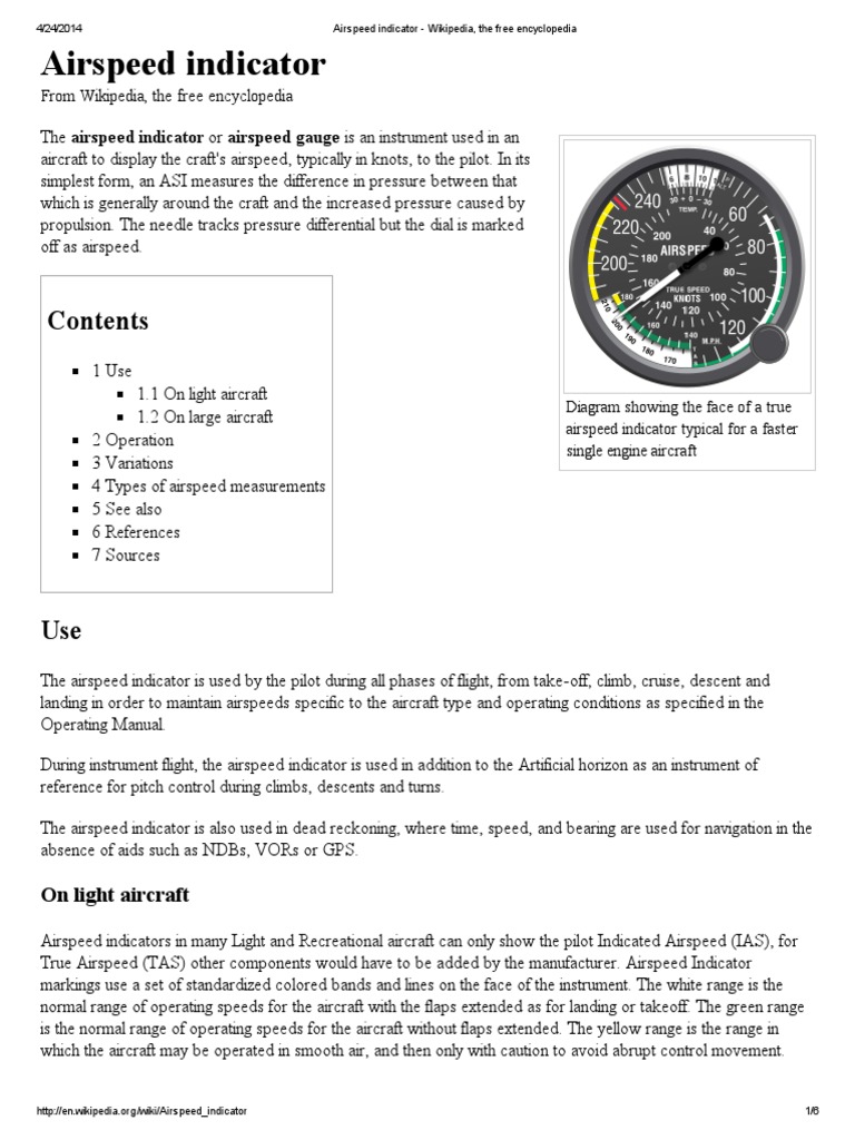 Airspeed Indicator - Wikipedia, The Free Encyclopedia | PDF | Aerospace ...