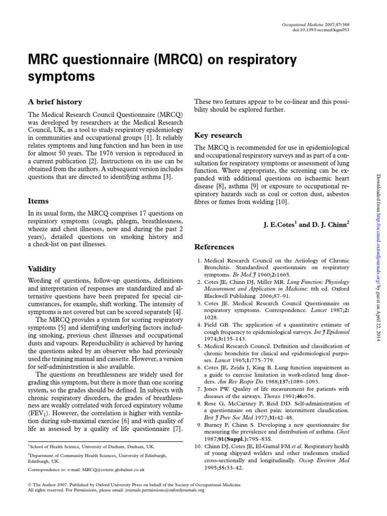 MRC Questionnaire (MRCQ) on Respiratory Symptoms | Respiratory Diseases ...