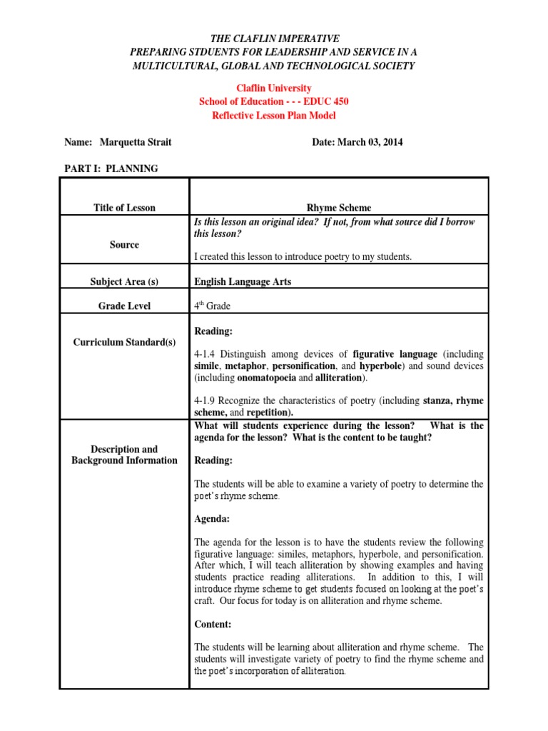 Reflective Lesson Plan 4 | PDF | Rhyme | Poetry