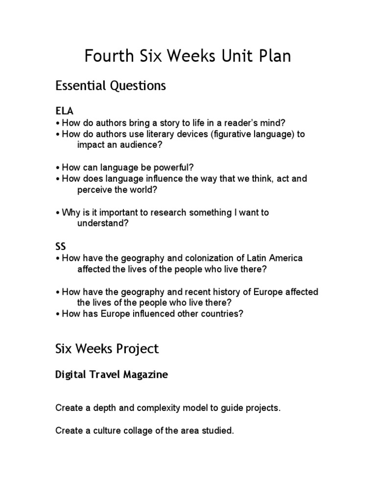 Fourth Six Weeks Unit Plan Overview | PDF