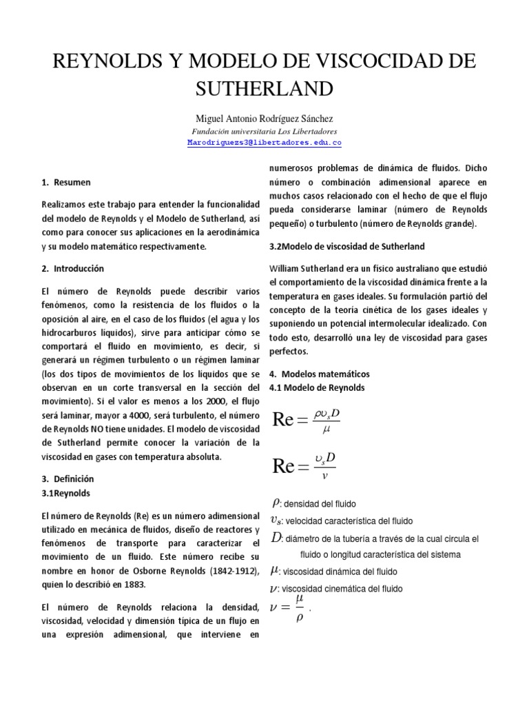Análisis del modelo de Reynolds y la viscosidad de Sutherland y su aplicación en aerodinámica ...