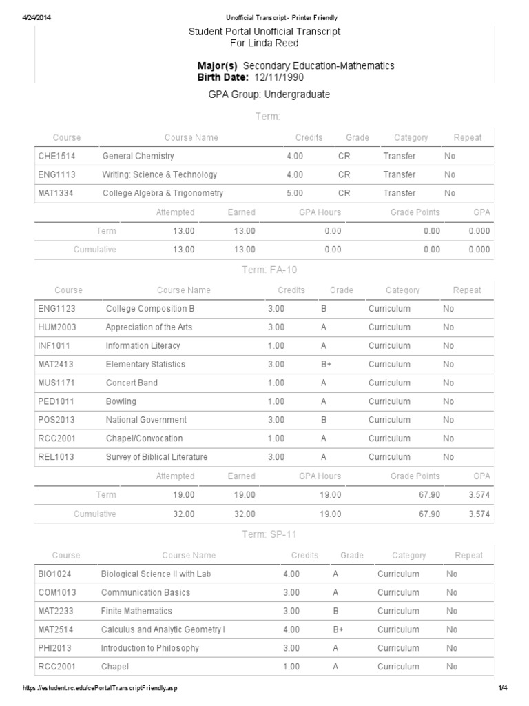 Unofficial Transcript for Linda Reed | PDF | Grading (Education) | Curriculum