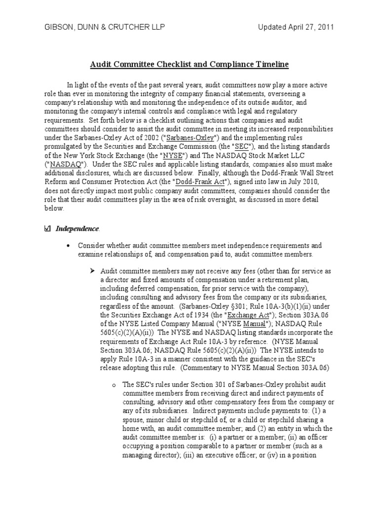 Audit Committee Checklist | PDF | Audit Committee | Sarbanes–Oxley Act