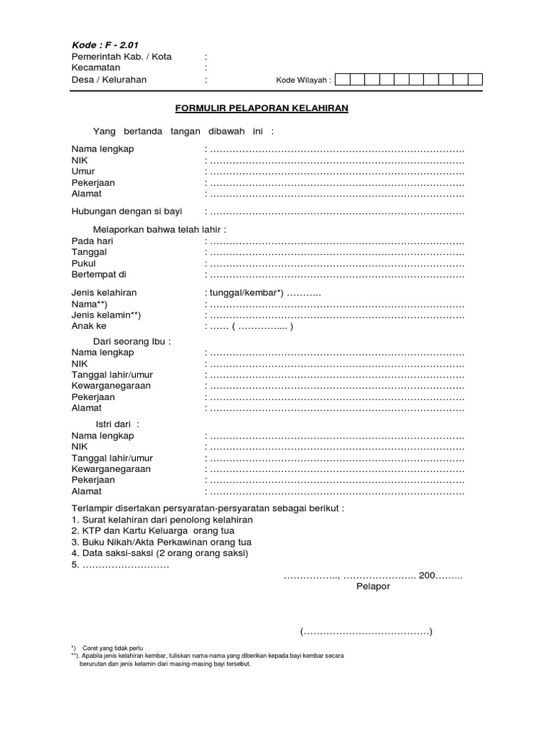 Formulir Pelaporan Kelahiran F 2 01 PDF | PDF