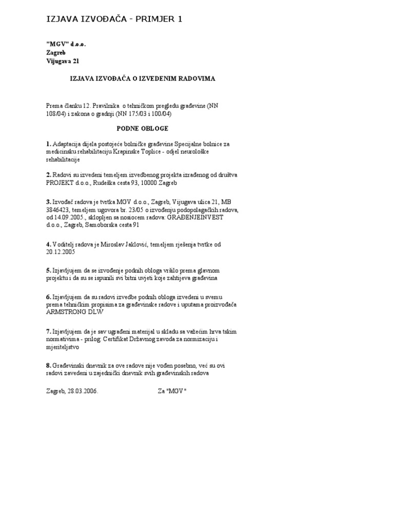 Izjava Izvodjaca Radova o Izvedenim Radova | PDF